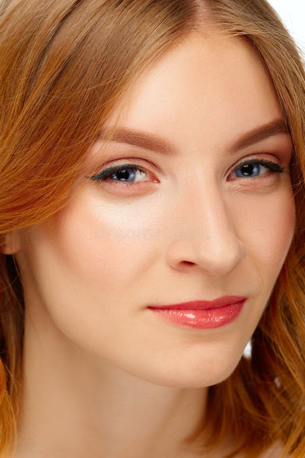 Face Of Beautiful Woman With Blue Eyes And Red Lips Beauty Portrait