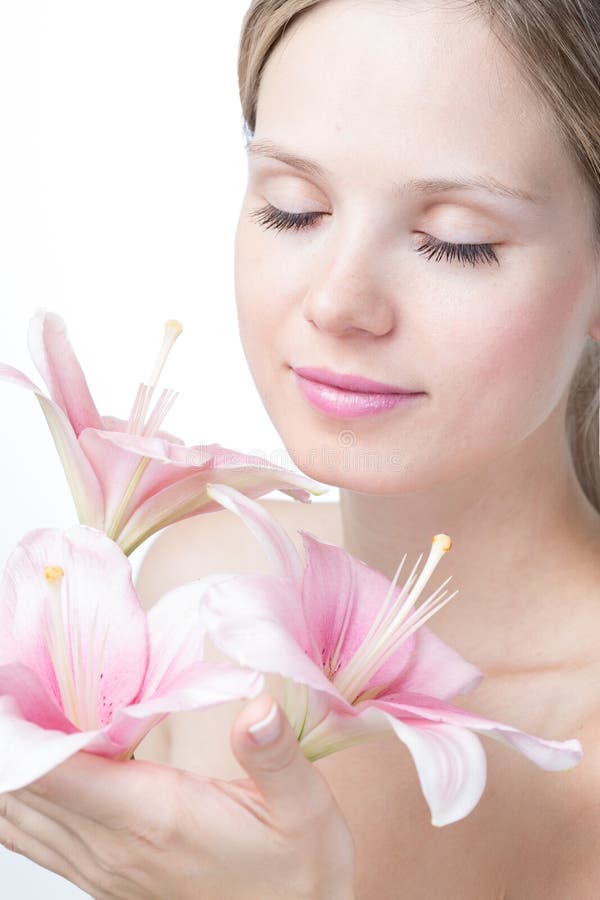 Face of a Beautiful Woman with Lily Stock Photo - Image of beauty ...