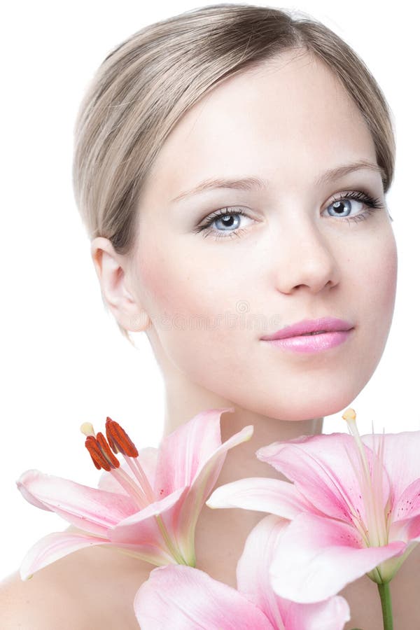 Face of a Beautiful Woman with Lily Stock Photo - Image of body, floral ...