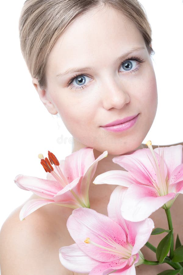 Face of a Beautiful Woman with Lily Stock Image - Image of professional ...