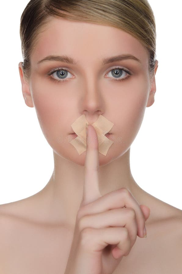 Face of Beautiful Woman with Plaster and Finger Stock Photo - Image of ...