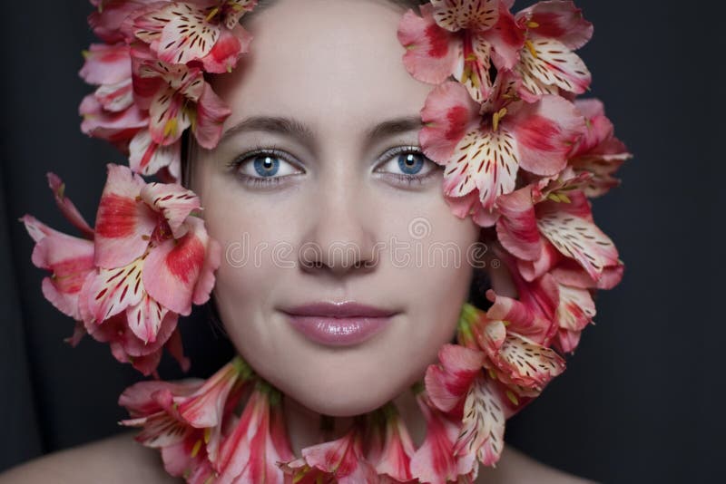 Face of a Beautiful Woman with Flowers Stock Image - Image of dream ...