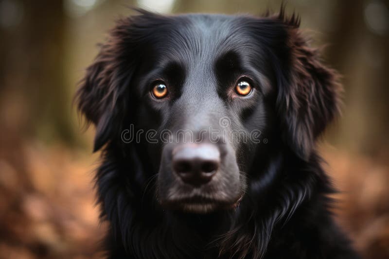 The Face of a Black Flat Coat Retriever Looking Straight at the Camera ...
