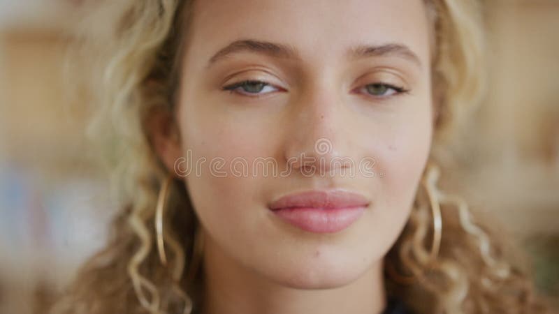 Face Blonde Curly Hair And Woman In Cafe Coffee Shop Or Canada
