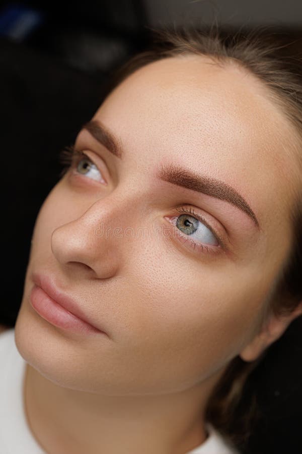 Face of Brunette Girl after Permanent Makeup Procedure, Finished Work ...