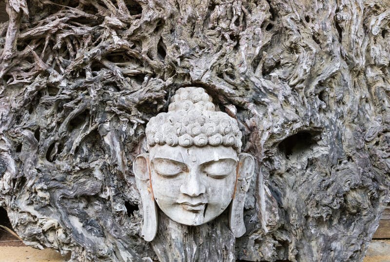Face of Buddha Carved from the Wood Stock Image - Image of ancient ...