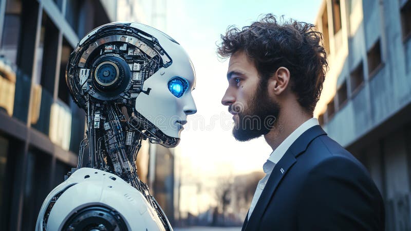 The Face of a Businessman and a Robot Opposite Each Other Look into the ...