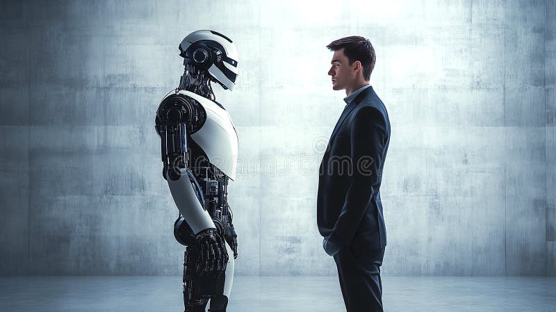 The Face of a Businessman and a Robot Opposite Each Other Look into the ...