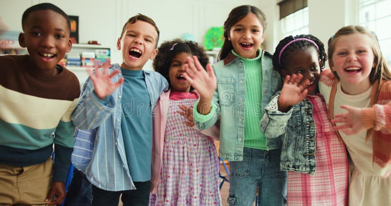 Face, Children and Education in Classroom, Waving or Excited for ...