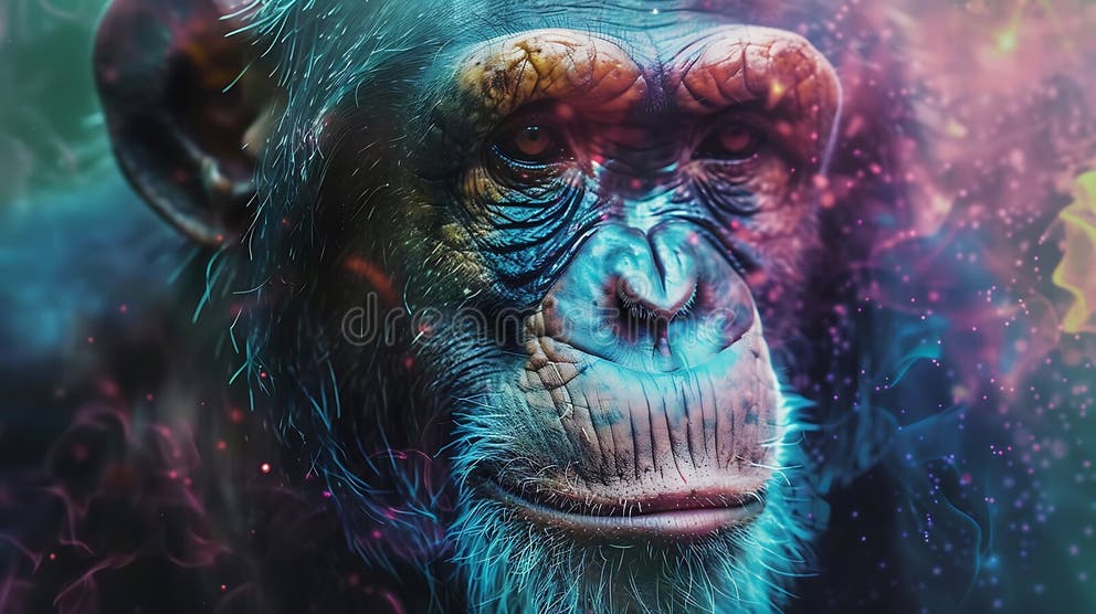 Face of a Chimpanzee on a Background of Fire and Smoke Stock ...