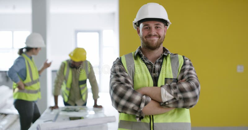 Face, Construction or Happy Man with Arms Crossed, Confidence or Smile ...
