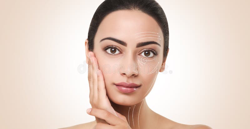 Lines for Face Contouring with Makeup on Models Face Stock Image ...