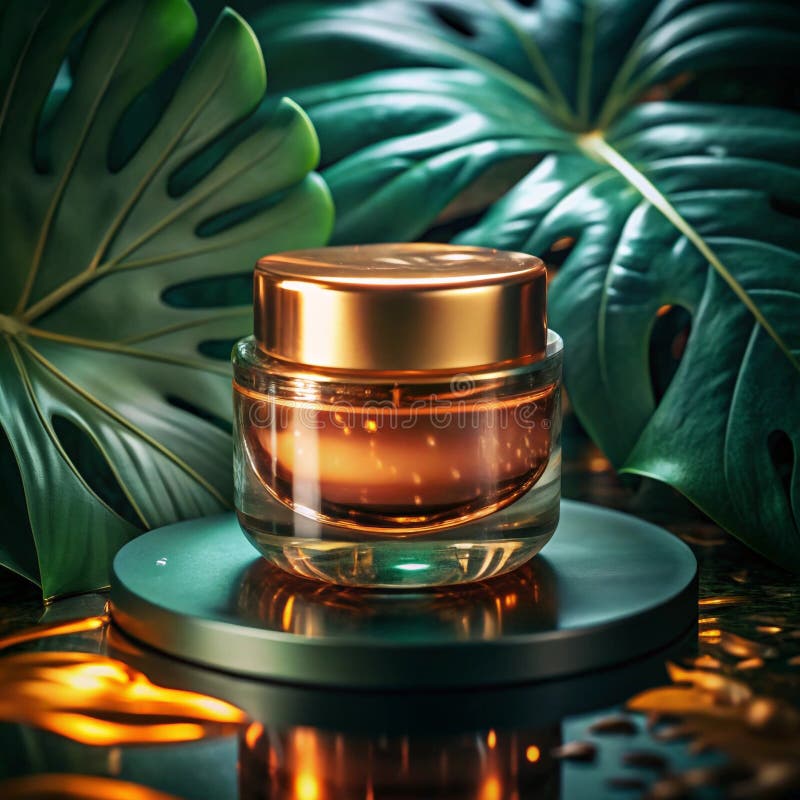 Luxury Skincare Cream Jar with Golden Cap, Lush Tropical Leaves in ...
