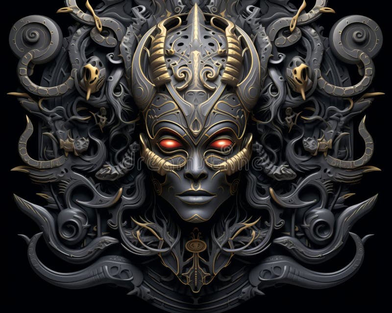 The Face of a Demon is Surrounded by an Ornate Design Stock ...