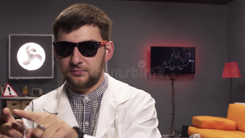 Enthusiastic Guy with Beard Wearing Sunglasses and White Lab Coat ...