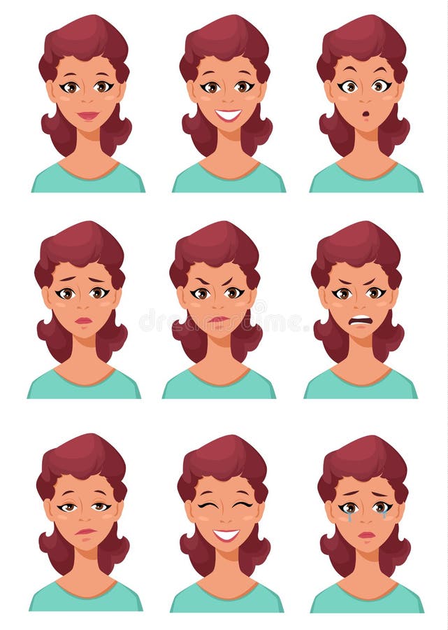 Face Expressions Of A Woman Different Female Emotions Set Stock
