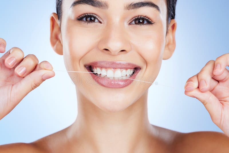 Face Flossing Teeth And Dental With Woman Hygiene And Beauty With