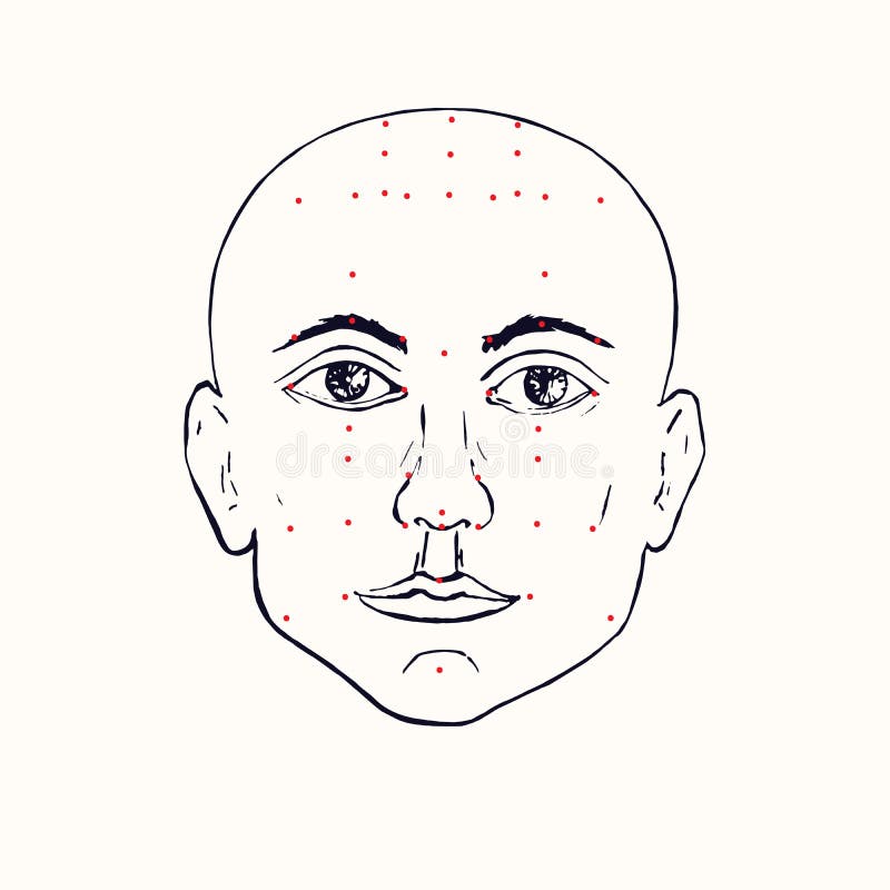 Face Front Acupuncture Scheme with Red Points, Hand Drawn Doodle ...