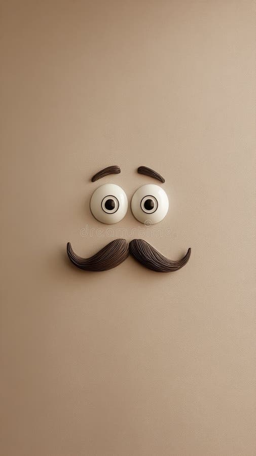 Face with Googly Eyes and Mustache on Beige Background, Quirky Design ...