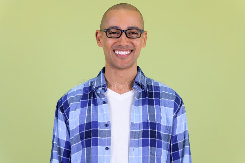 Face Of Happy Handsome Bald Hipster Man With Eyeglasses Smiling Stock Image Image Of Person