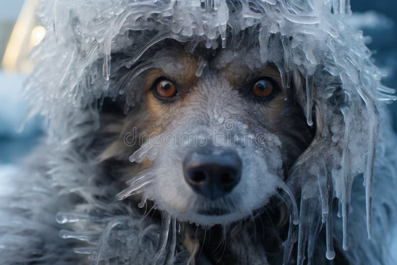 The Face of a Freezing Homeless Sad Dog, Covered with Ice, Close-up ...