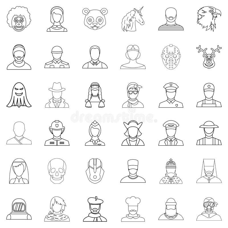 Face Icons Set, Outline Style Stock Vector - Illustration of beret ...