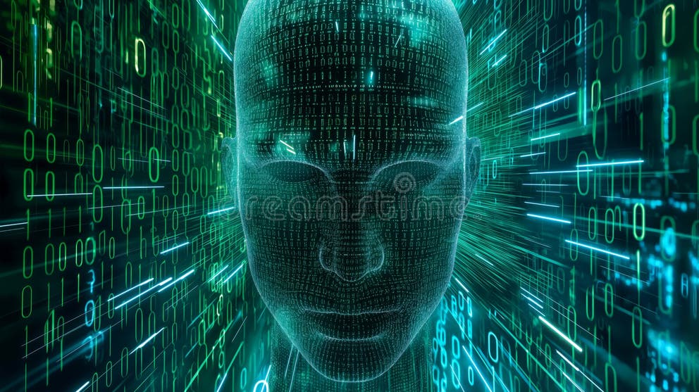 Digital Human Face Amidst Glowing Green Binary Code, Concept Related To ...