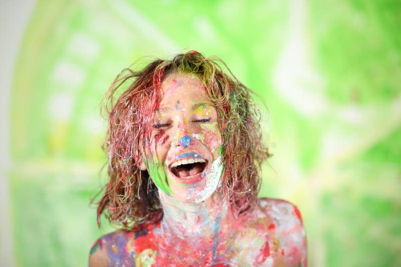 Face Laughing Girl Covered in Paint with Closed Stock Image - Image of ...
