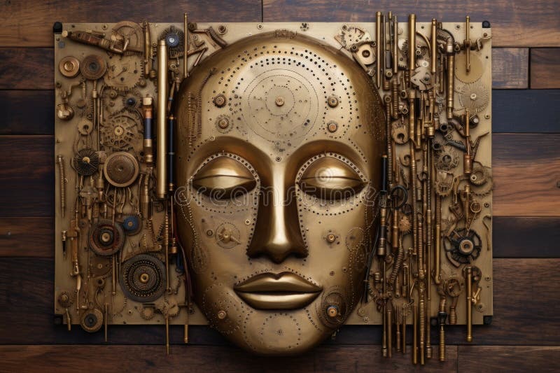 A Face Made from Brass Clockwork Components on a Wooden Background ...