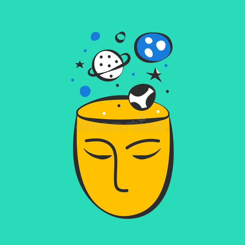 Face of Man with Cosmos in His Head. Abstract Doodle of Dreaming Person ...