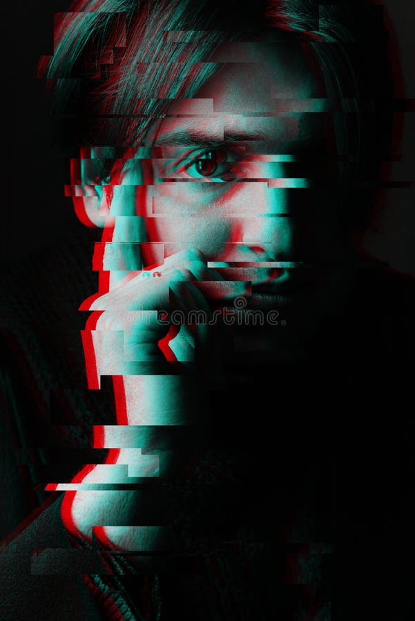 Glitch man face closeup stock image. Image of person - 146073891