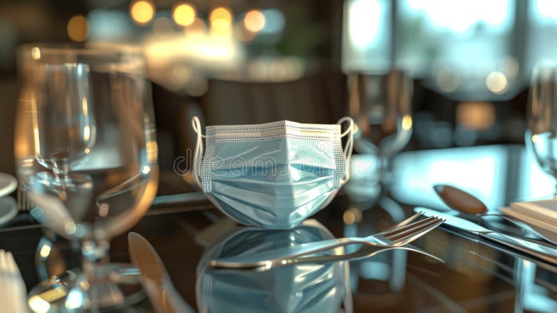 Face Mask on Dining Table in Elegant Restaurant Setting Stock Image ...