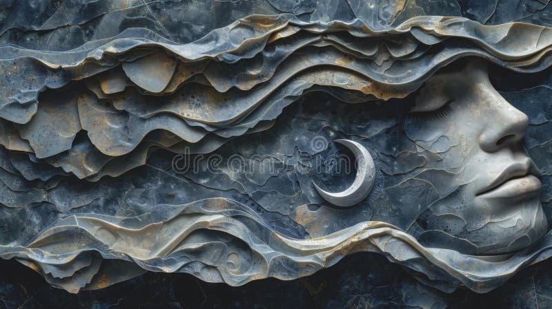 Face and the Moon, Made of Stone, in the Style of Sculpting. Stock ...