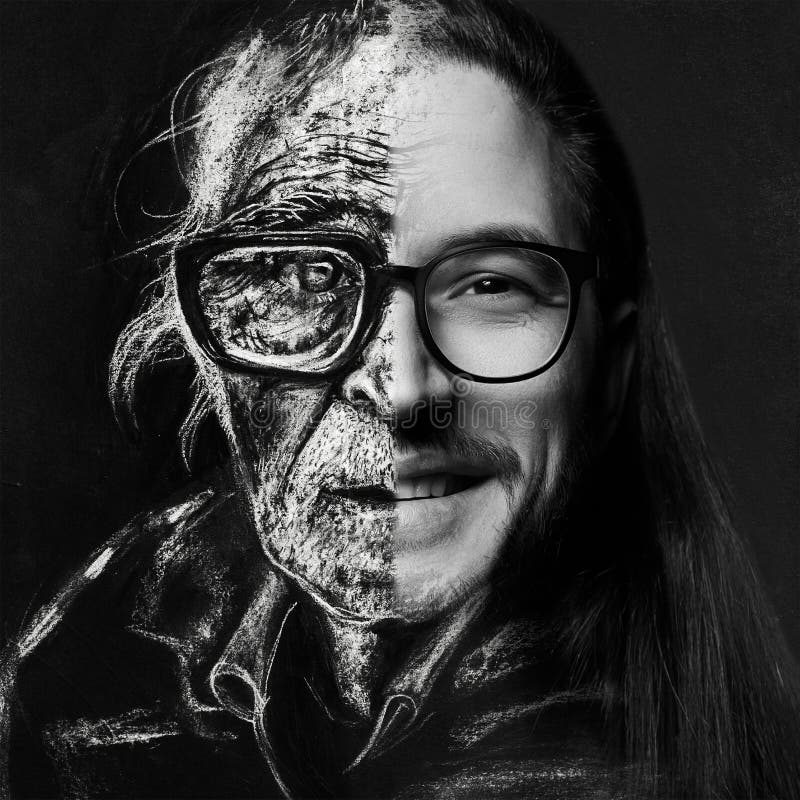 The Face of an Old Man, Half Drawn. the Face of Young Guy, Half Photo ...