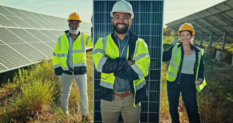 Men, Walk and Teamwork for Solar Installation on Field or Tablet, Green ...