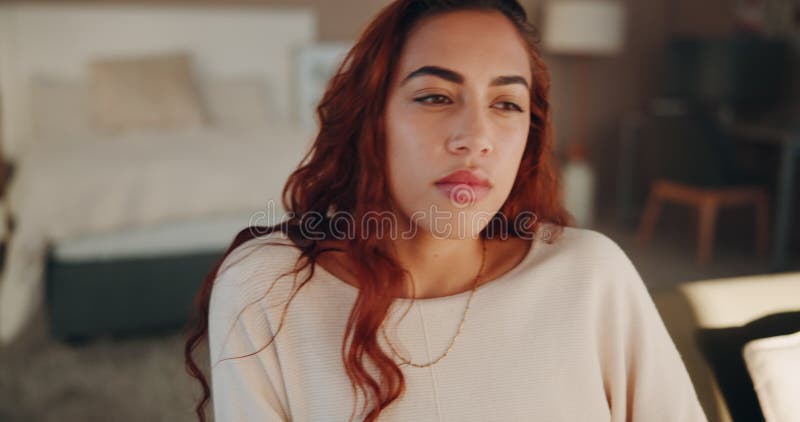 Face, Problem Solving and Stress with Woman in Bedroom of Home for ...