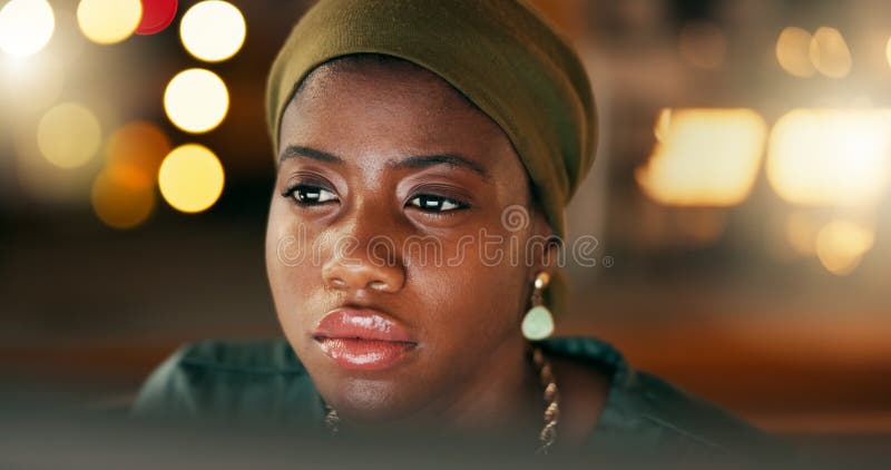 Face Reading And Computer With A Business Black Woman In Her Office