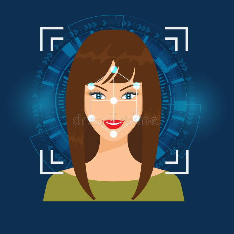 Vector Face Recognition or Faceprint Technology Scanning Woman`s Face ...
