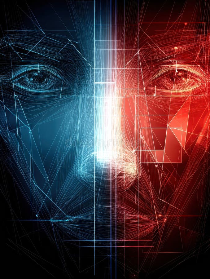 Face Recognition Mesh Scanning with Glowing Red and Blue Elements ...