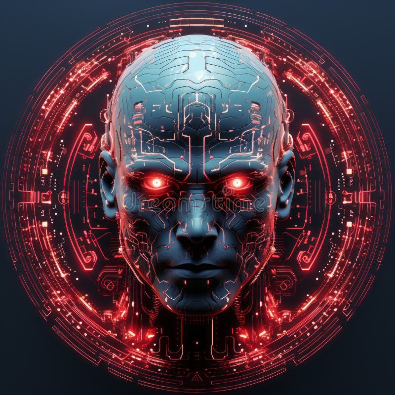 The Face of a Robot with Glowing Red Eyes Stock Illustration ...