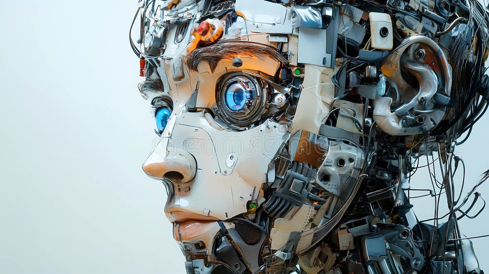 The Face of a Robotic Man on a Light Background with Elements of Spare ...