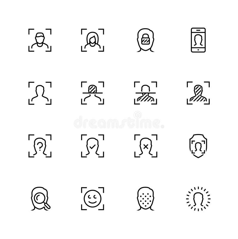 Face Scanning and Recognition Icons in Outline Style Stock Vector ...