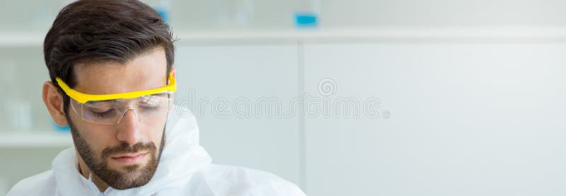 The Face of the Scientist Wearing Eye Protection Glasses Stock Image ...