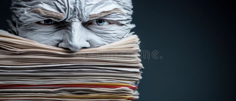 Face Sculpted from Crumpled Paper with a Stack of Documents Stock ...
