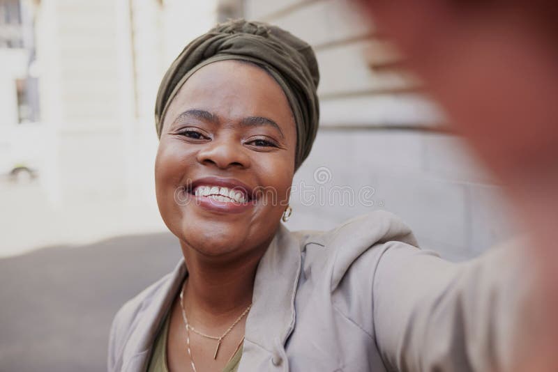Face Selfie Smile And Black Woman In City Taking A Photo For Profile