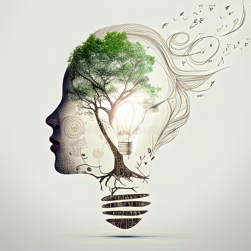 Face Shaped Light Bulb with Tree Inside Stock Illustration ...
