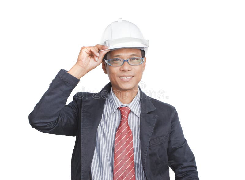 Engineer Man Wit;h White Safety Helmet Standing Against Working Stock ...