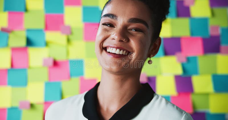 Face, Sticky Notes and Tablet with Business Woman in Studio for Project ...