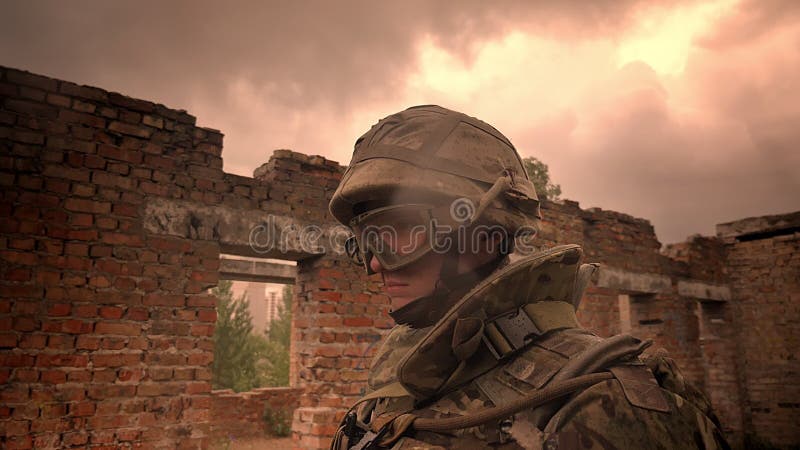 Face of Strong Caucasian Soldier in Uniform, Standing Alone in Empty ...