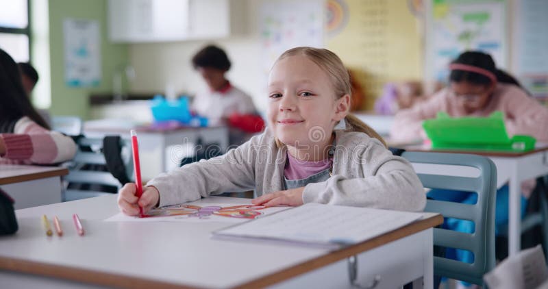 Face, Student and Girl Coloring in Classroom of Creative Learning ...
